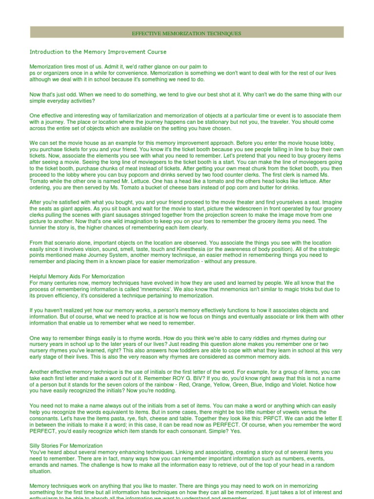 Effective Memorization Techniques | Download Free PDF | Mnemonic | Memory