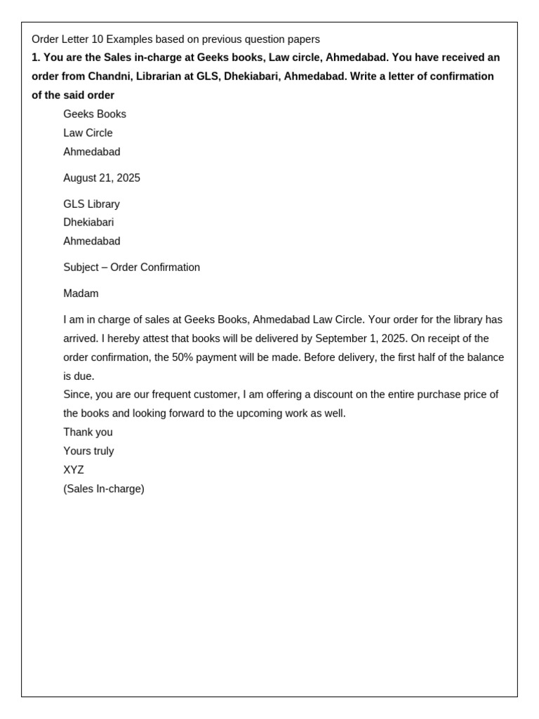 Order Letter 10 Examples Based On Previous Question Papers | PDF