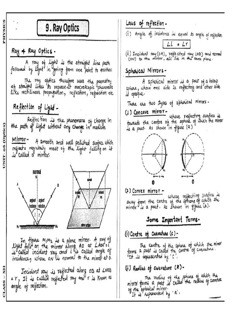 Class 12 Ray Optics Handwritten Notes | PDF | Physics | Physical Sciences