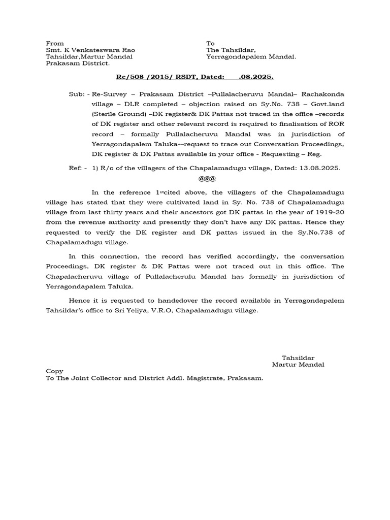 Letter To Yerragondapalem MRO Office | PDF