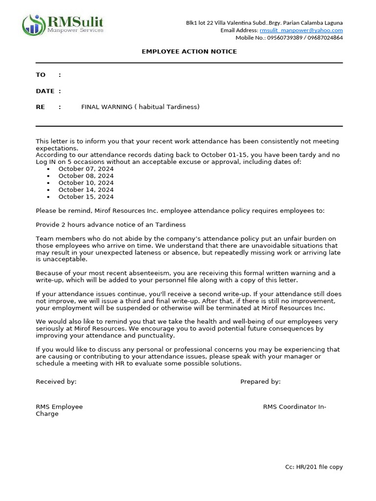 Final Warning for Habitual Tardiness | PDF | Business