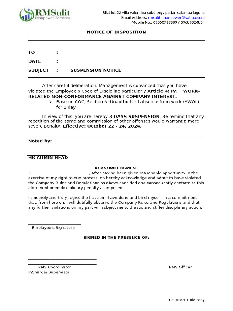 3-Day Suspension Notice for AWOL | PDF