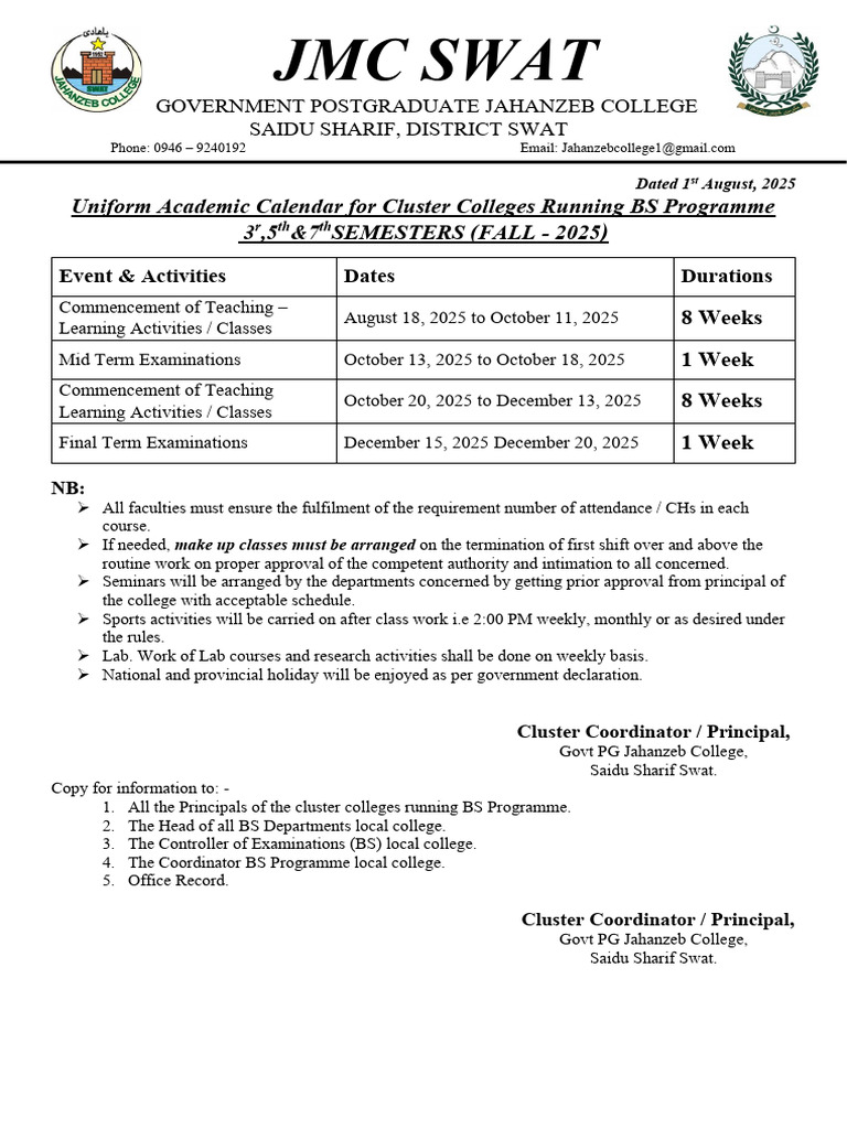 Academic Calander Fall 2025 3rd 5th 7th JMC SWAT | PDF