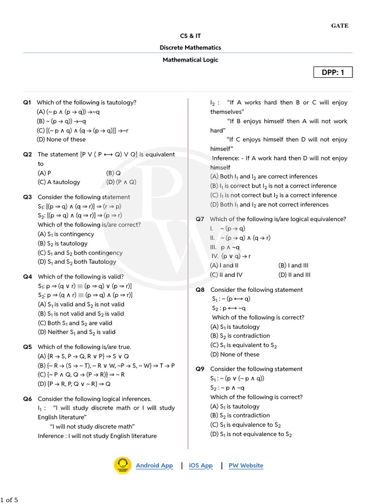 Mathematical Logic - DPP 01 | PDF | Metalogic | Semantics