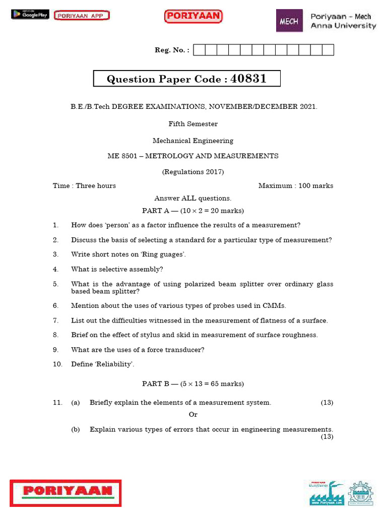 ME8501 Metrology Exam Questions 2021 | PDF | Applied And ...