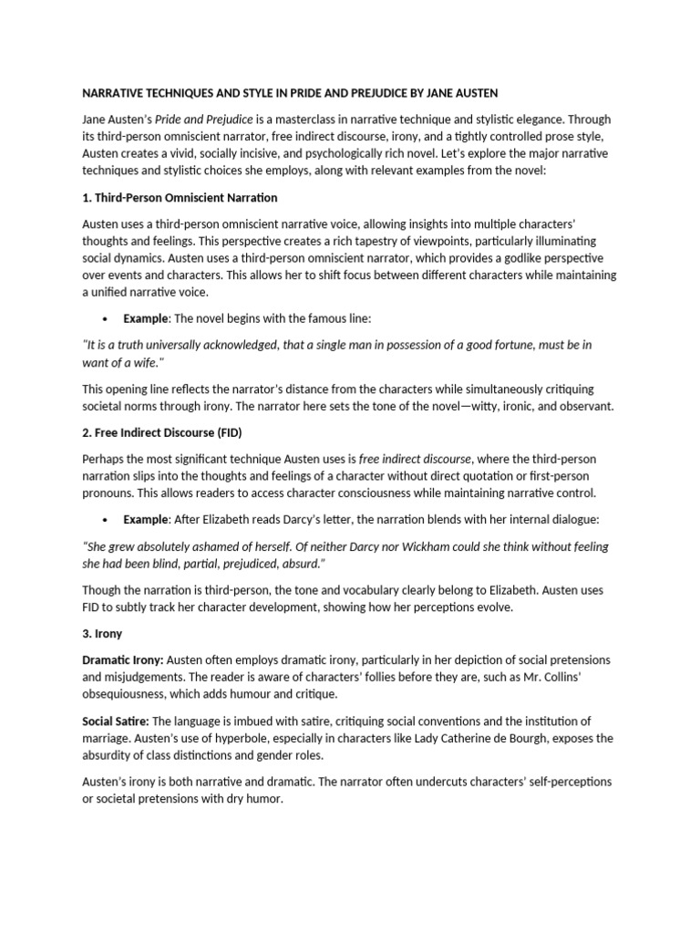 Narrative Techniques and Style in Pride and Prejudice by Jane Austen ...