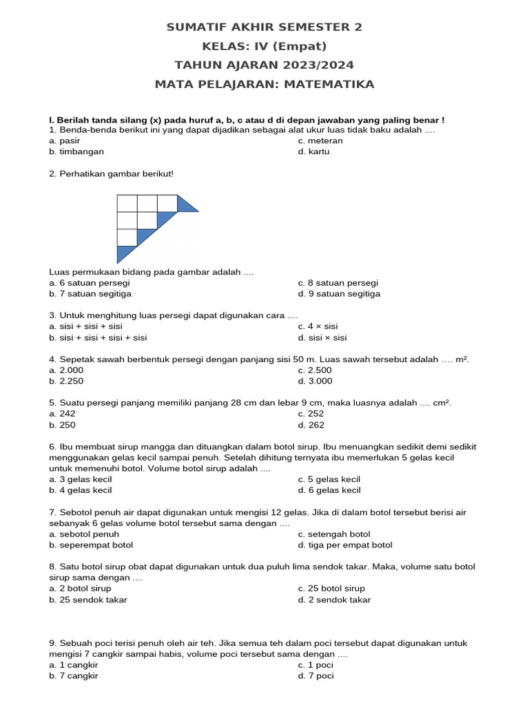 Soal Sumatif Matematika Kelas 4 Semester 2 Kurikulum Merdeka T A 2023 ...