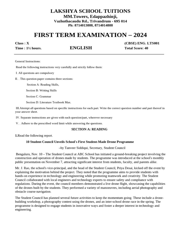Cbse First Term Exam Eng | PDF | Unmanned Aerial Vehicle