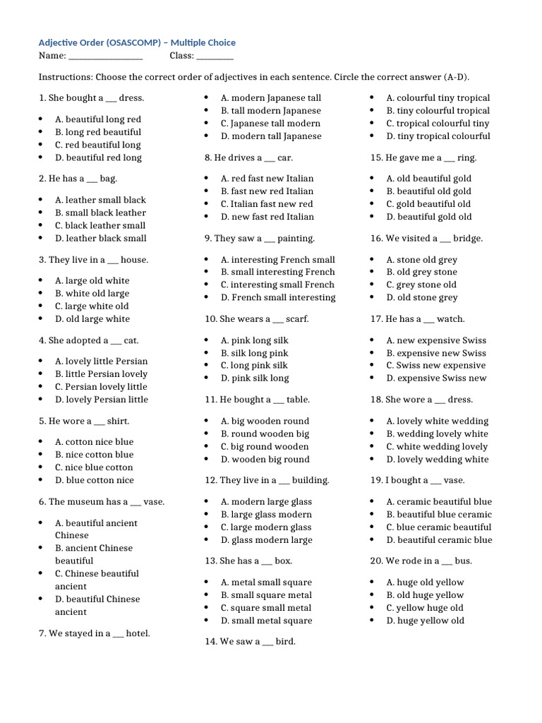 OSASCOMP Adjective Order Quiz | PDF | Chess | Chess Theory