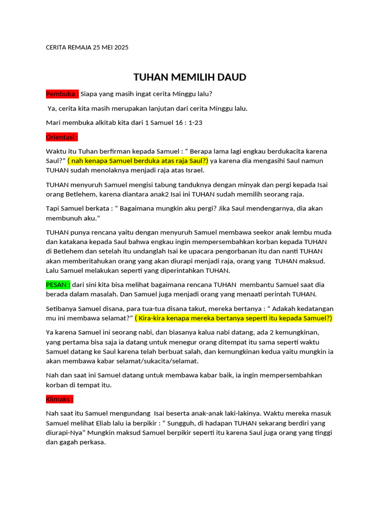 Tuhan Memilih Daud: Kisah Samuel dan Isai | PDF