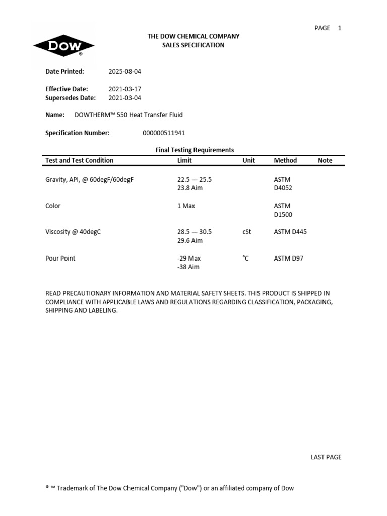DOWTHERM™ 550 Heat Transfer Fluid Specs | PDF