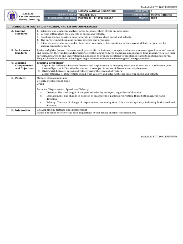 K-10 Physics Lesson Plan: Motion Concepts | PDF | Velocity | Distance