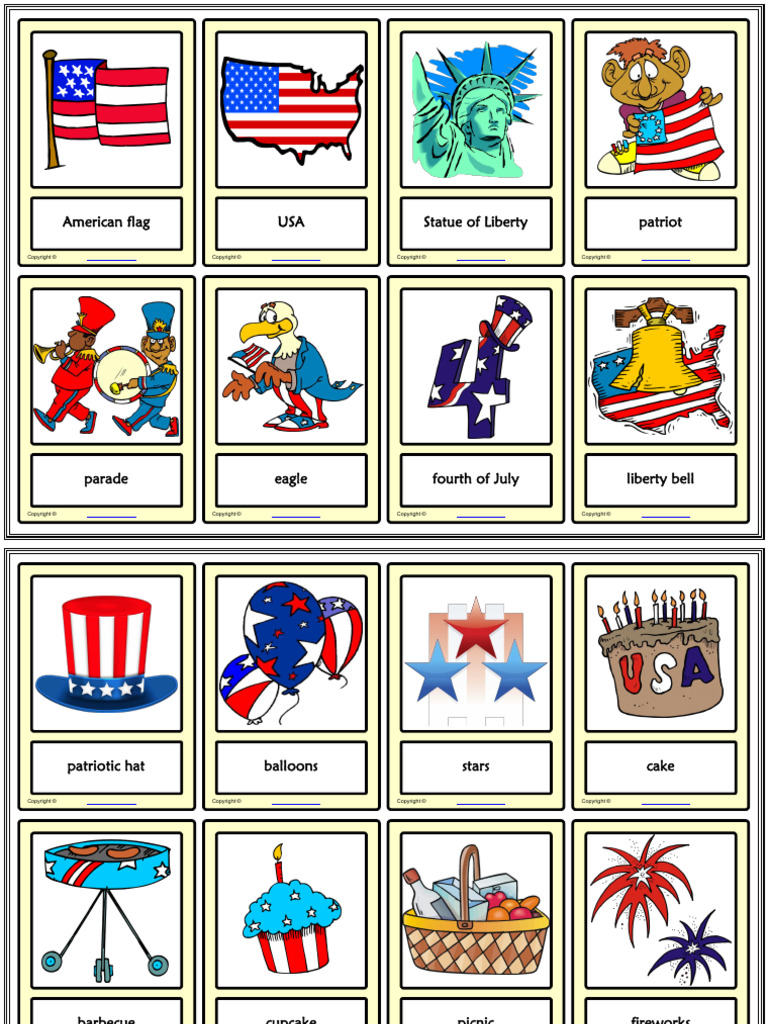 4th of July Vocabulary Esl Printable Learning Cards For Kids | PDF