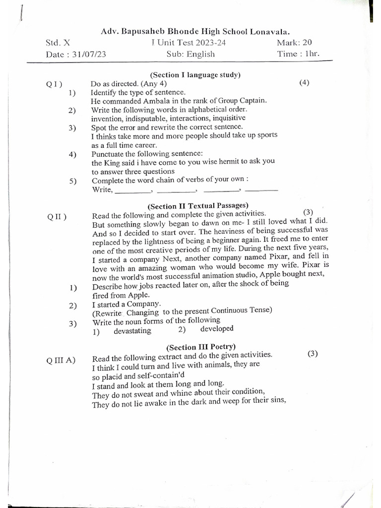 10th Bhonde Last Year Unit Test Question Papers | PDF