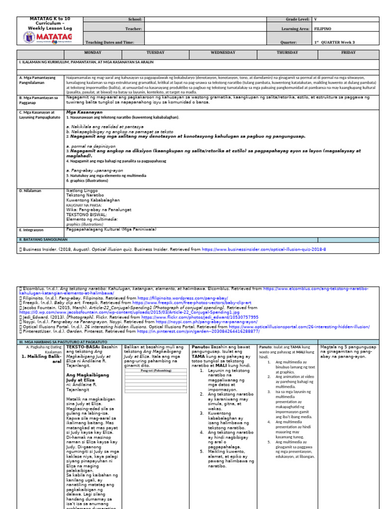 DLL - Filipino 5 - Q1 W3 | PDF