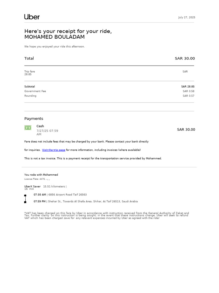 Uber Ride Receipt with VAT Details | PDF