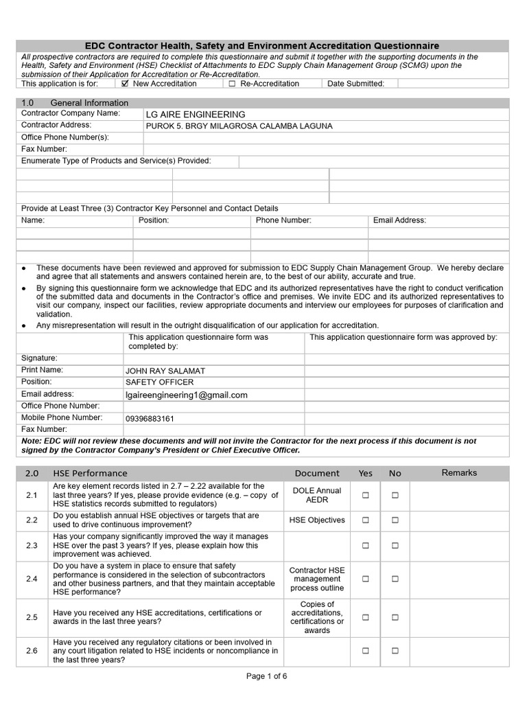 EDC Contractor HSE Accreditation Form | PDF | Hazards | Emergency ...