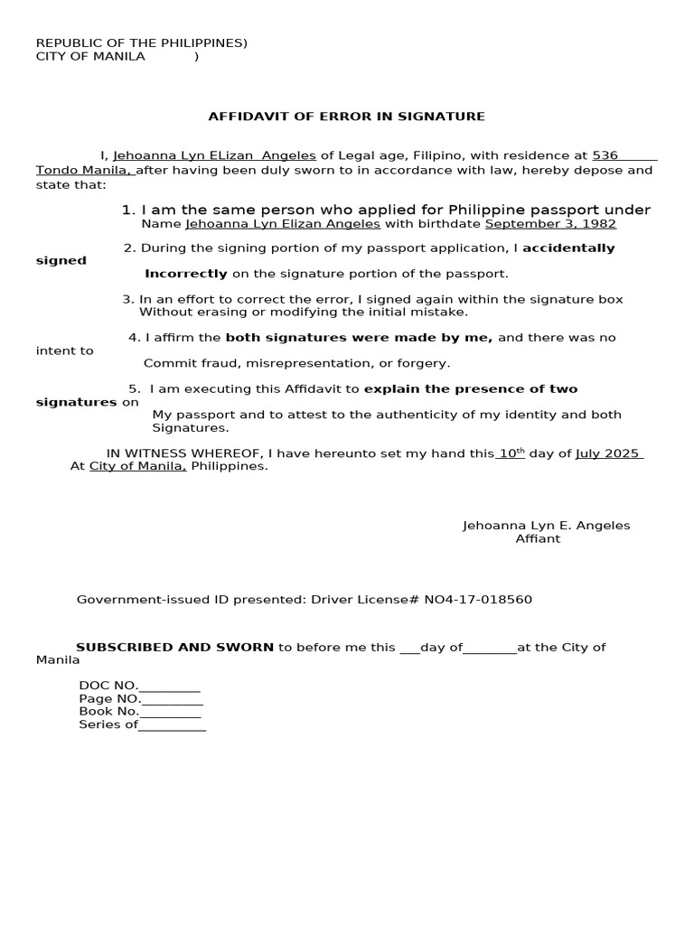 Affidavit for Passport Signature Error | PDF