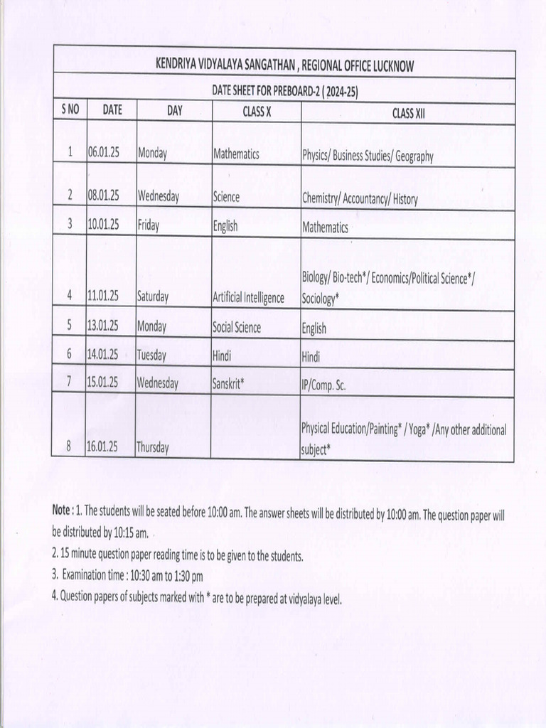Pre Board 2 Session 2024-25 Timetable | PDF