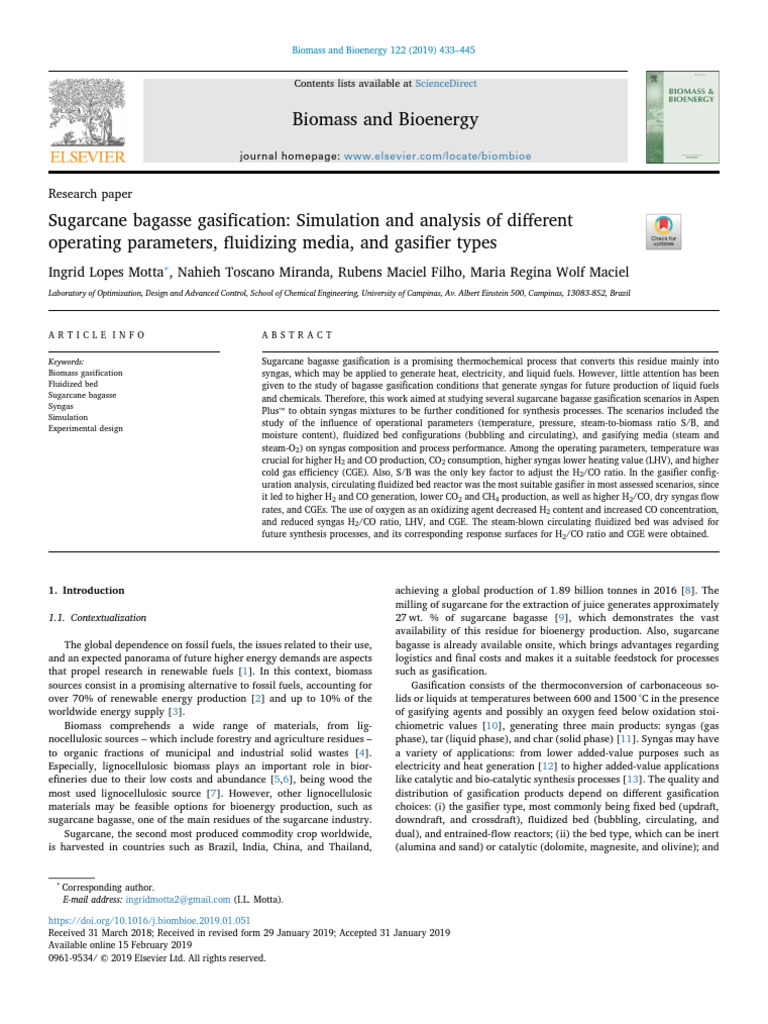 Sugarcane Bagasse Gasification Analysis | PDF | Gasification | Fluidization