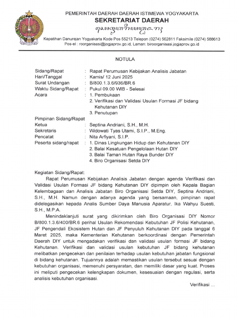 Notula Rapat Verval Usulan Formasi JF Bidang Kehutanan - 12 Juni 2025 | PDF