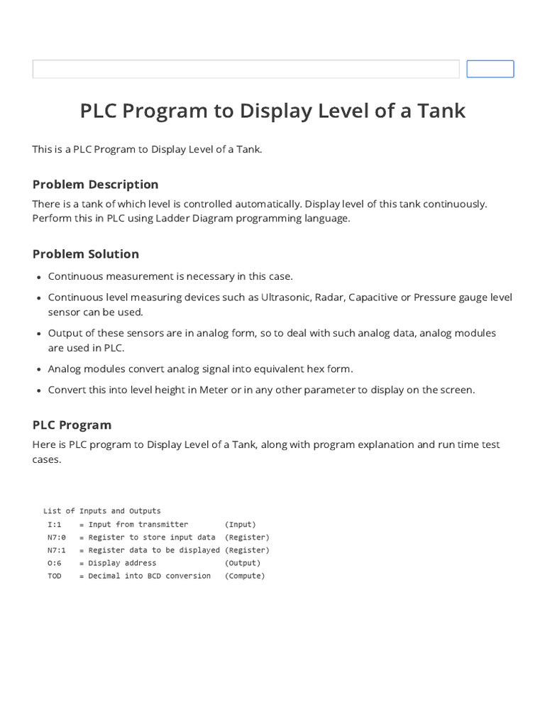 41 - PLC Program To Display Level of A Tank - Sanfoundry | PDF ...