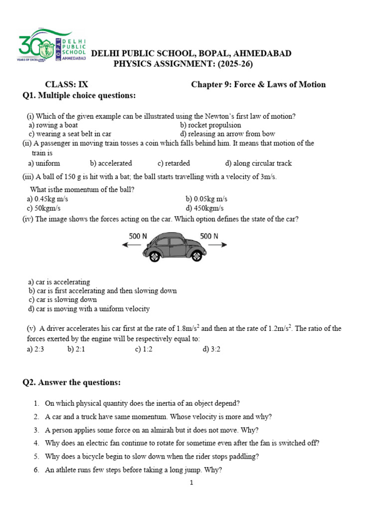 PHY ASSGN CH 9 Force and Laws of Motion | PDF | Force | Acceleration