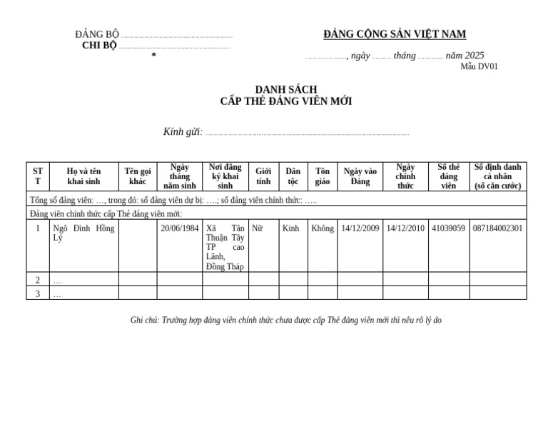 Kem - Mẫu DV01-Ds Cap the Dang Vien | PDF