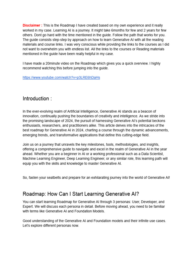 Generative AI Learning Roadmap - 2024 | PDF | Computer Vision | Deep Learning