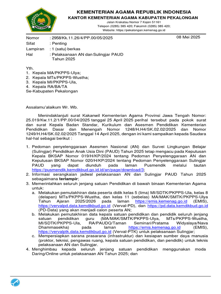 Edaran Pelaksanaan AN-Sulingjar 2025 | PDF