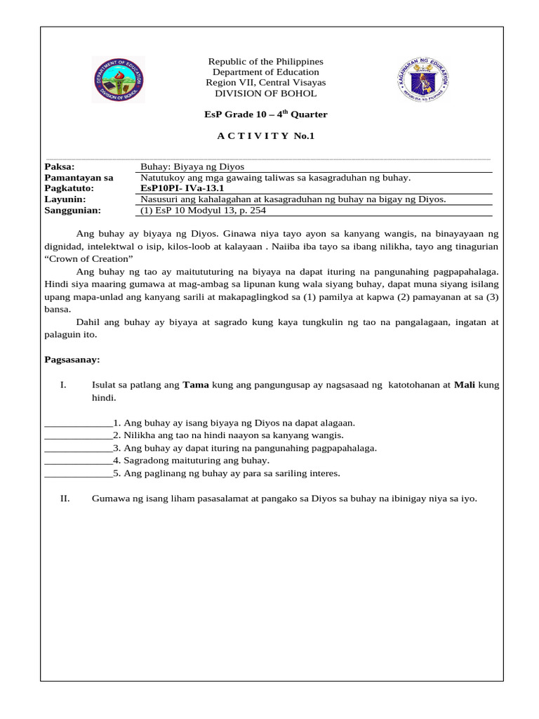 Esp Grade 10 - 4 Quarter Activity No.1 | PDF
