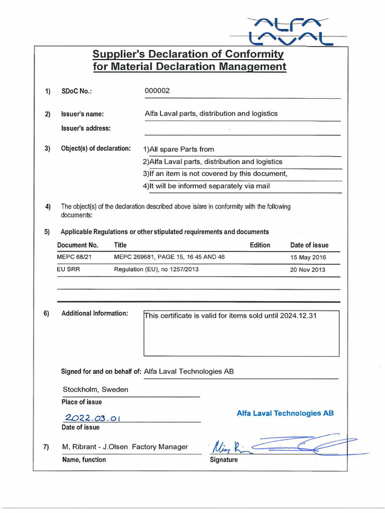 Alfa Laval Conformity Certificate Mepc General Declaration Signed 2024 | PDF ...