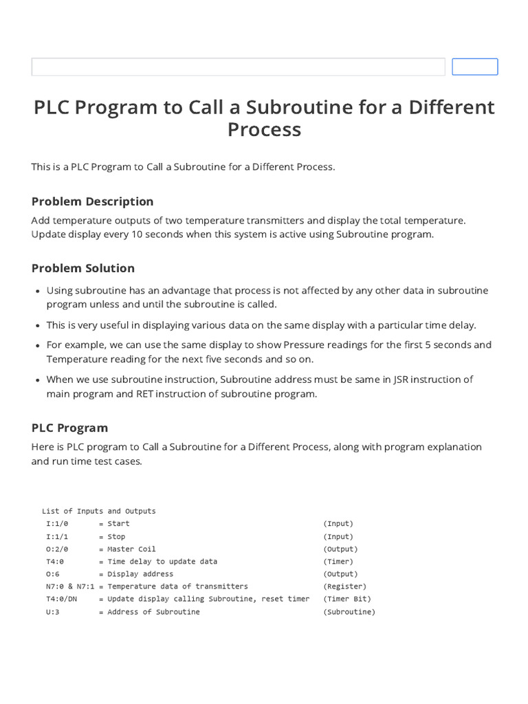 11- PLC Program to Call a Subroutine for a Different Process - Sanfoundry | PDF | Programmable ...