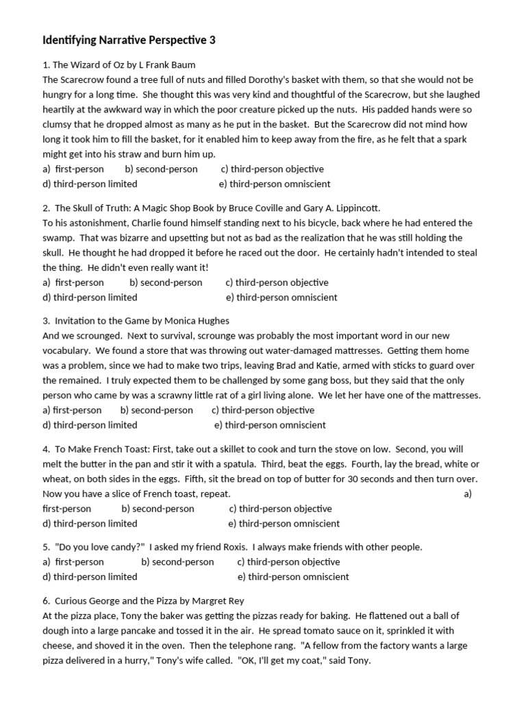 Identifying Narrative Perspectives Worksheet | PDF | Scarecrow (Oz ...