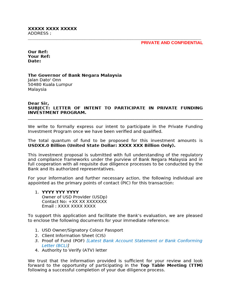 Letter of Intent for Equity Investment | PDF