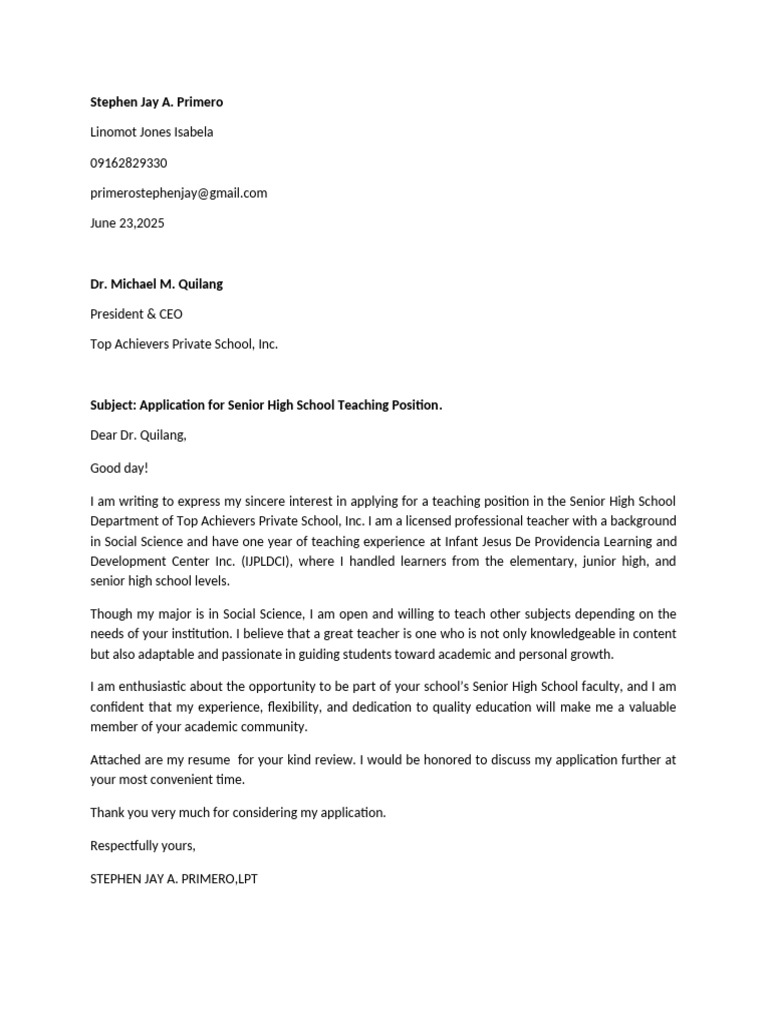 Application for Senior High School Teacher | PDF