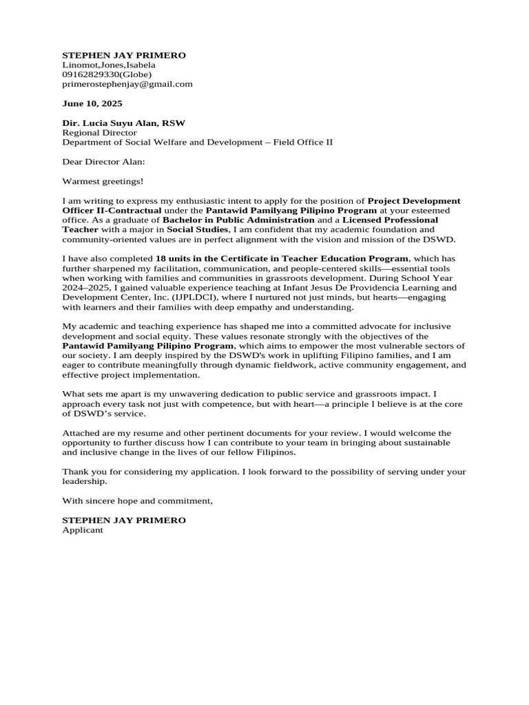 Primero, Stephen Jay Application Letter (DSWD) | PDF