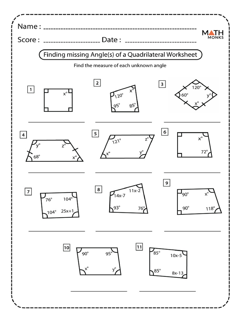 Find The Missing Angle of A Quadrilateral Worksheet | PDF