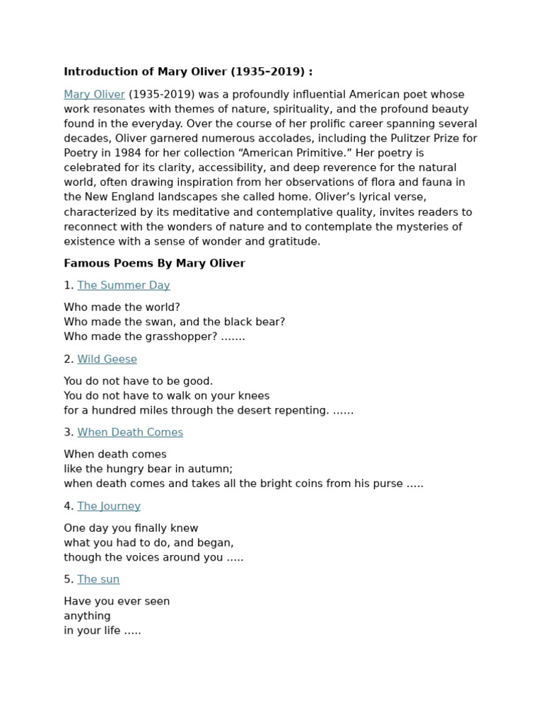 Mary Oliver: Poet of Nature and Life | PDF