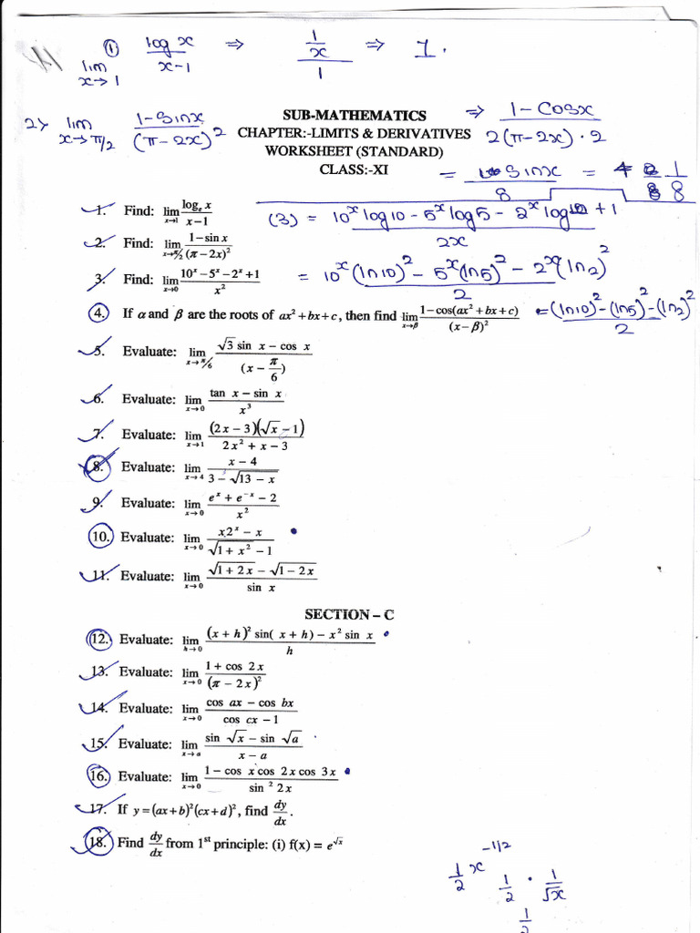 Limits and Derivatives Worksheet | PDF
