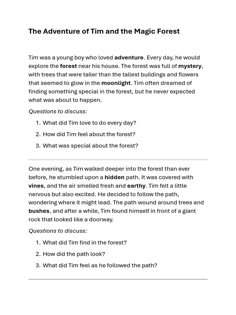 Story The Adventure of Tim and The Magic Forest | PDF
