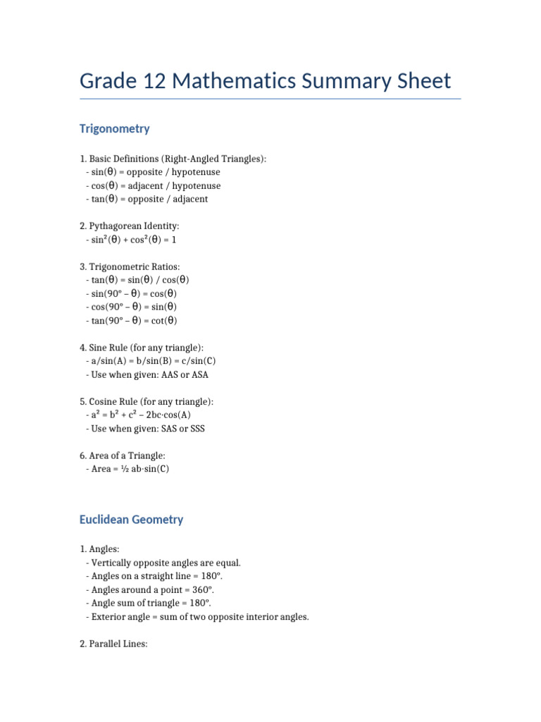 Grade 12 Trigonometry Euclidean Summary | PDF