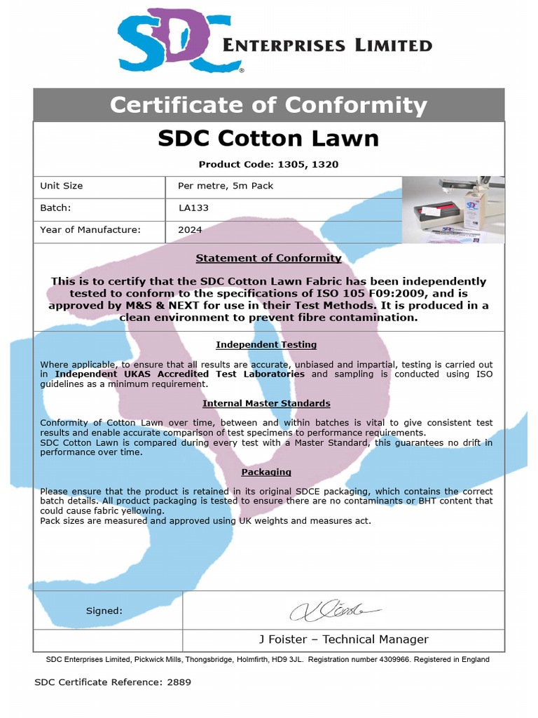 SDC Cotton Lawn Certificate of Conformity | PDF