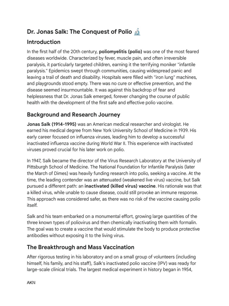 Biography - Dr. Jonas Salk | PDF | Vaccines | Viral Respiratory Tract ...