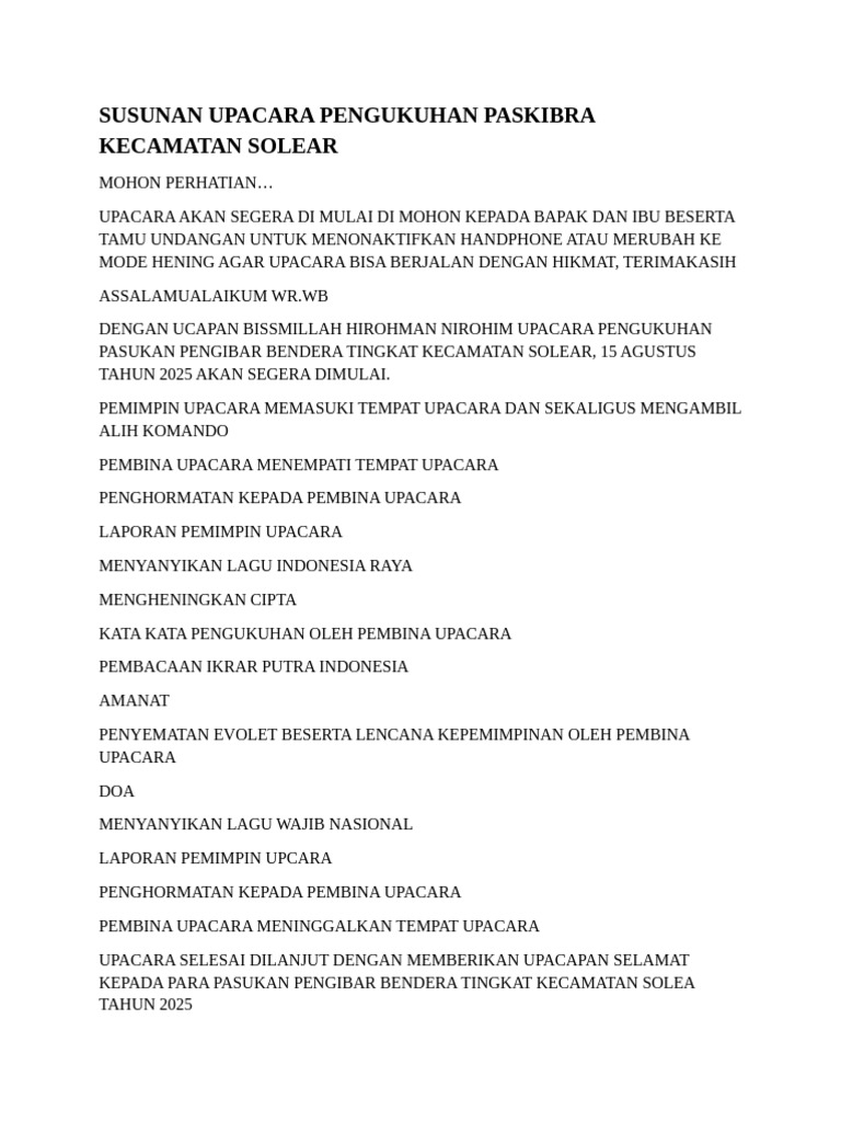 Susunan Upacara Pengukuhan Paskibra Kecamatan Solear | PDF