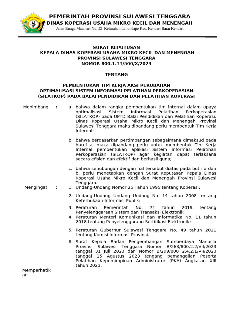 SK Pembentukan Tim Kerja SILATKOP | PDF