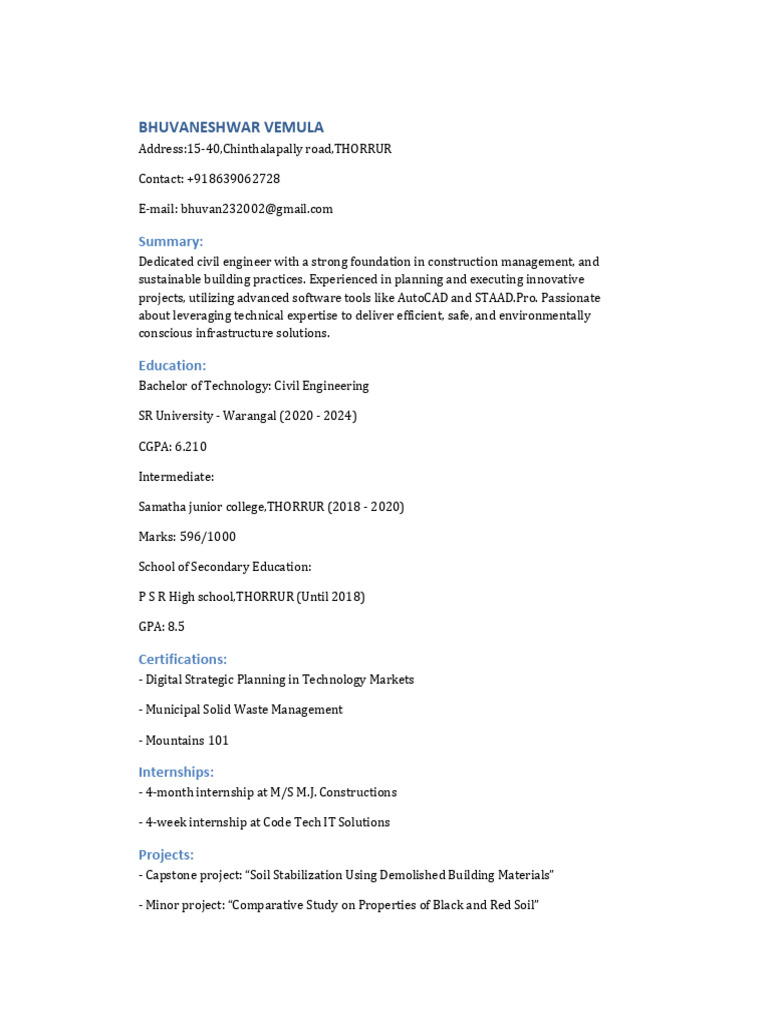 Bhuvaneshwar V Resume PDF | PDF