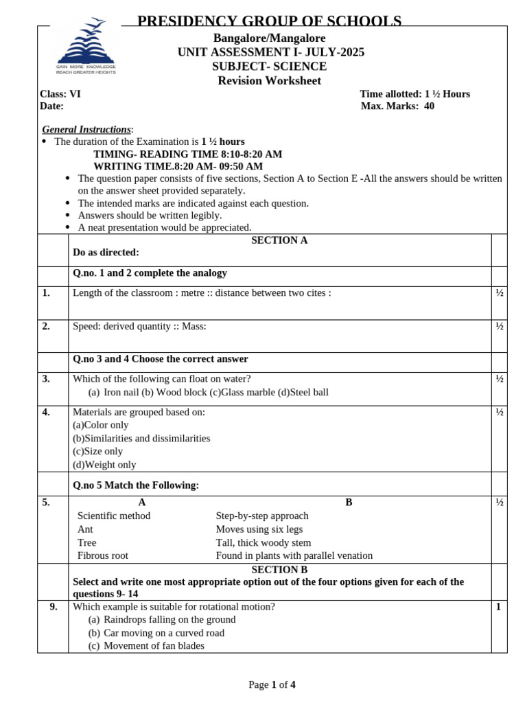 'Grade 6 Rivision Worksheet UT1 SCI 202526' With You | PDF | Leaf
