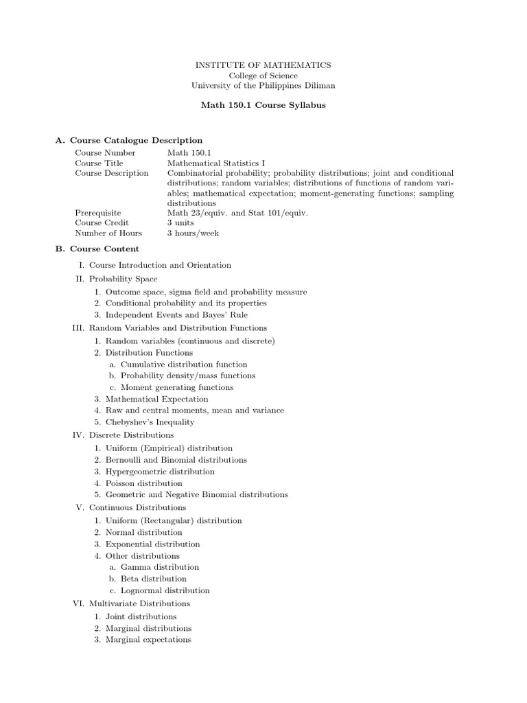 Math 150.1 Syllabus Overview | PDF | Probability Distribution | Probability