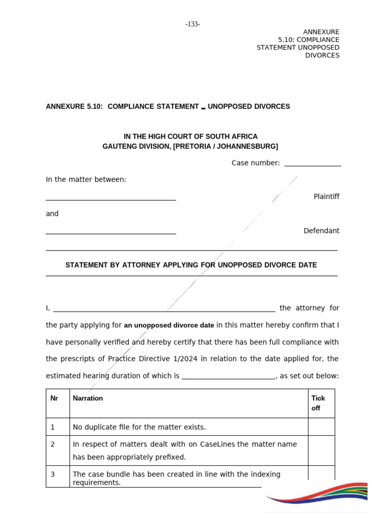 Annexure 5.10 Compliance Statement - Unopposed Divorces | PDF | Justice | Crime & Violence